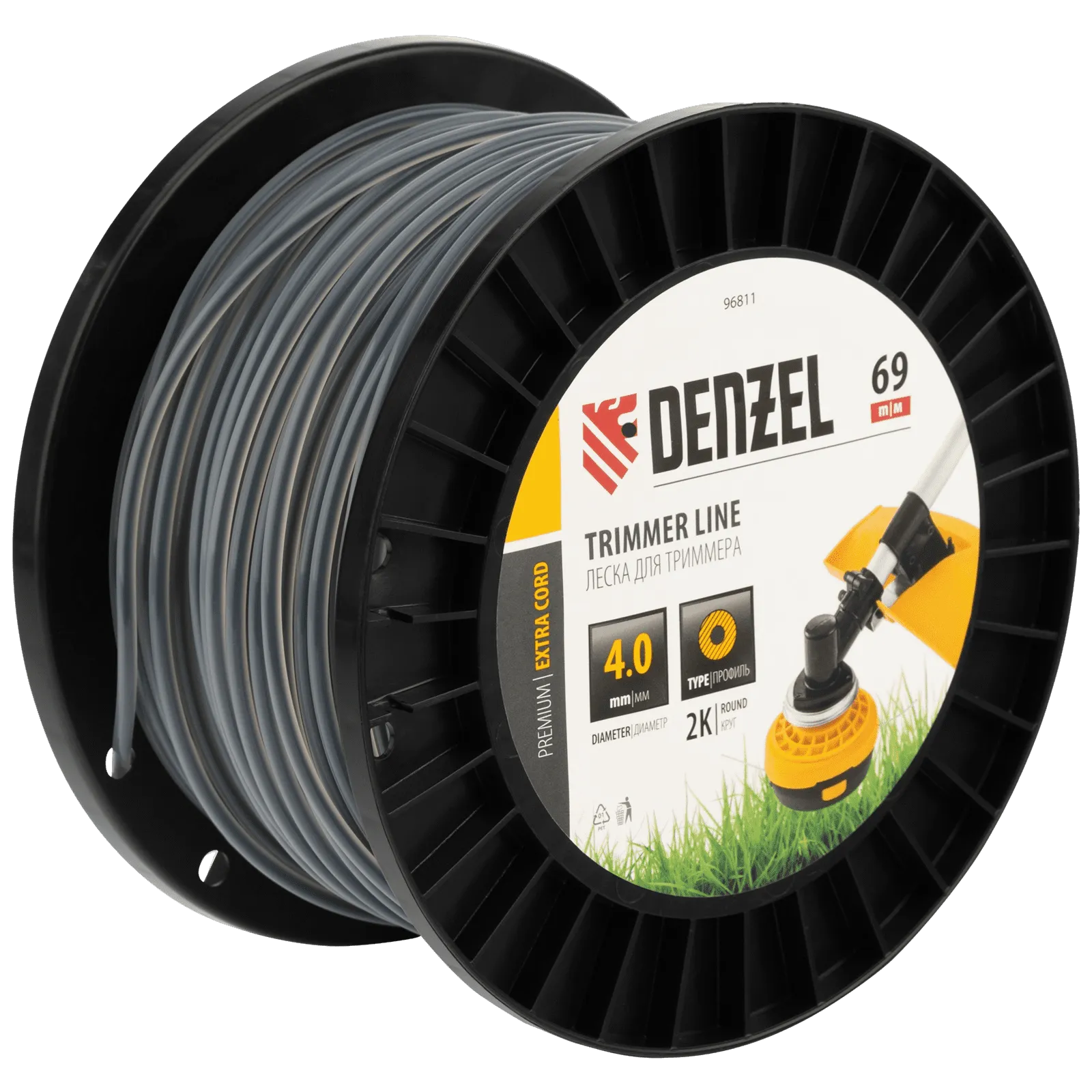 Леска для триммера DENZEL двухкомпонентная круглая, 4,0мм х 69м, на DIN ...